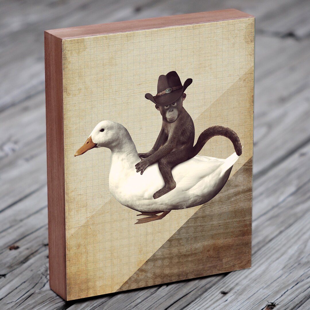 Monkey in Cowboy Hat Riding a Duck Wood Block Art Print - Etsy