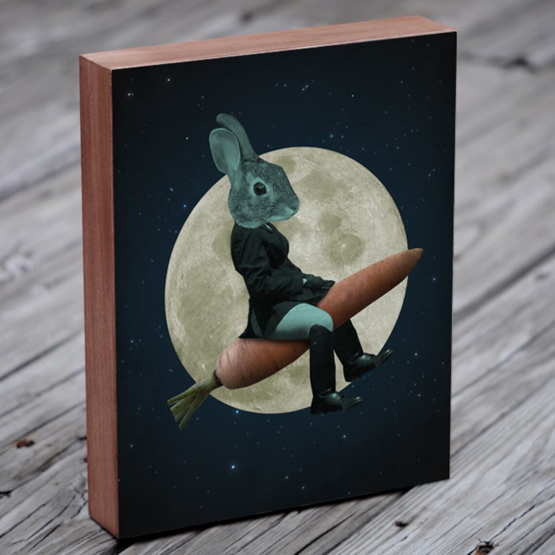 Rabbit Riding a Carrot Rocket Moon Art Space Art Wood - Etsy