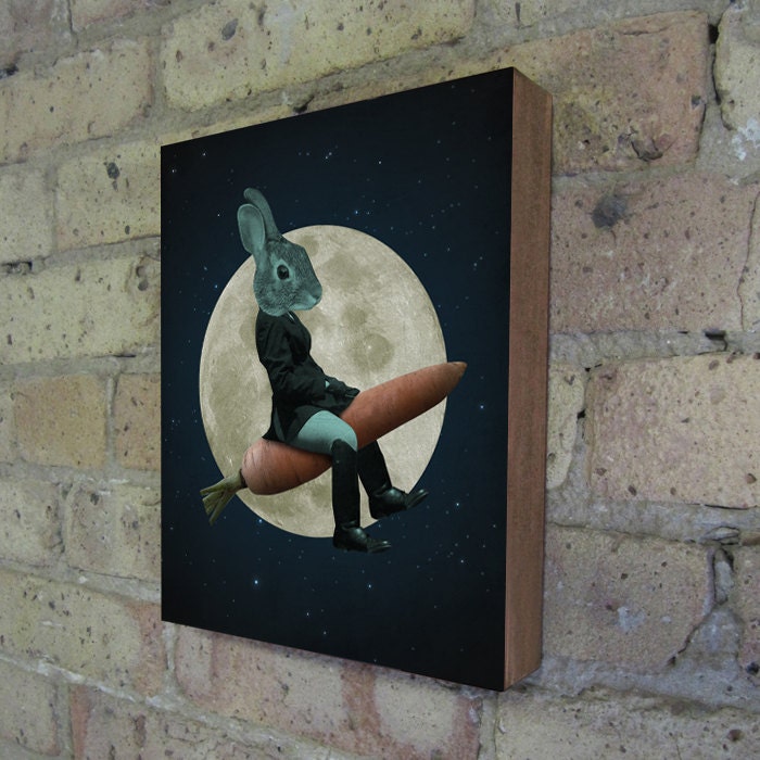 Rabbit Riding a Carrot Rocket Moon Art Space Art Wood - Etsy
