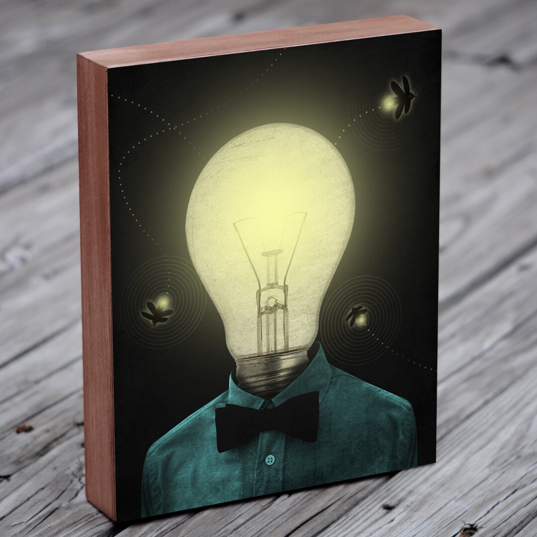 Firefly Art Lightning Bug Art Print Edison Bulb Wood Block Print - Etsy
