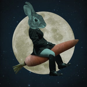 Rabbit Riding a Carrot Rocket Moon Art Space Art Wood - Etsy
