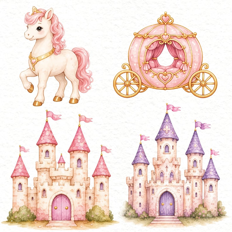 Cute Princess Clipart Bundle PNG | Watercolor Princesses, Castle ...