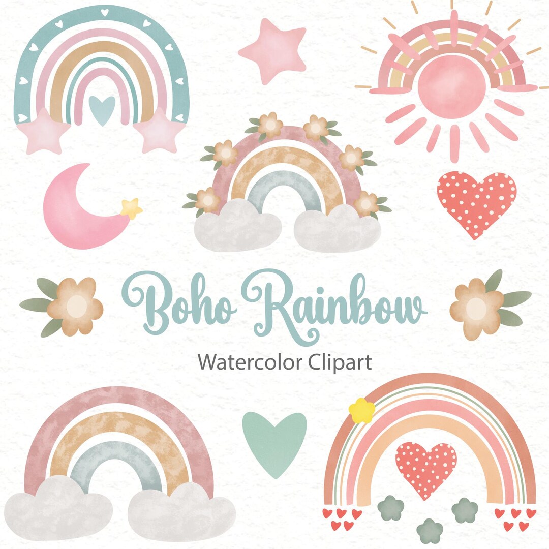 Boho Rainbow Watercolor Clipart – Hand-painted Neutral Rainbows PNG ...