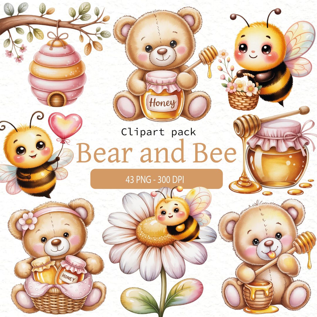 Watercolor Bee and Bear Clipart Set, Cute Honey Bear PNG, Bumble Bee ...