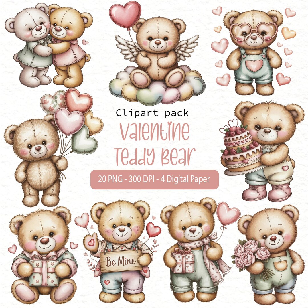 Valentine’s Day Teddy Bear Clipart PNG, Watercolor Bears in Love, Cute ...
