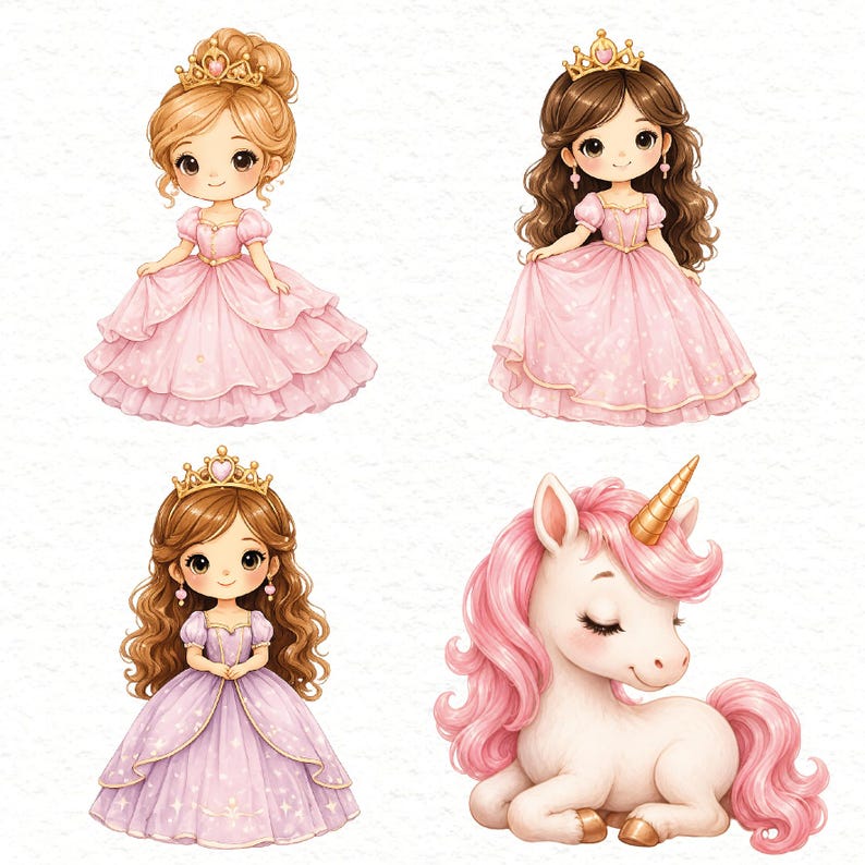 Cute Princess Clipart Bundle PNG | Watercolor Princesses, Castle ...