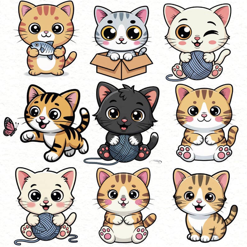 Cute Cat Clipart Set | Cartoon Kitty PNG Illustrations | Adorable Cat ...