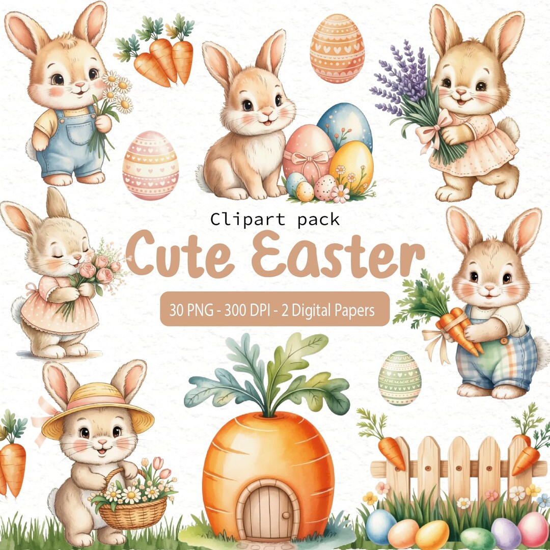 Cute Easter Bunny Clipart Watercolor PNG Bundle, Spring Bunny Clipart ...