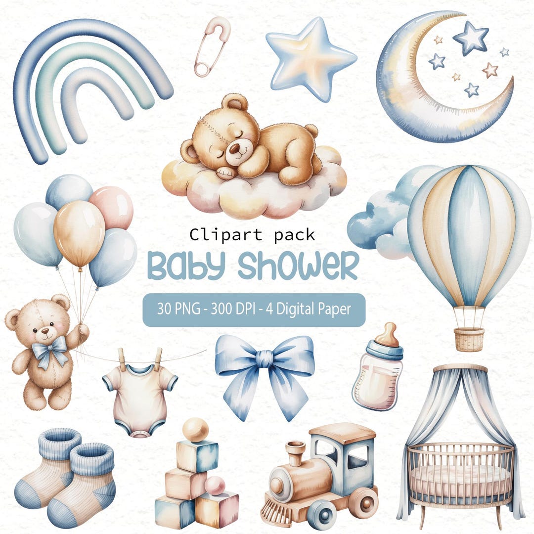 Baby Shower Boy Clipart Set | Blue Watercolor Baby Clip Art | Newborn ...