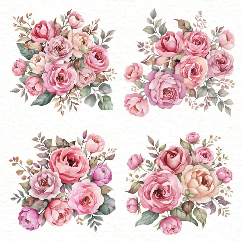 Pink Rose Clipart PNG, Watercolor Roses Bundle, Blush Floral Bouquet ...