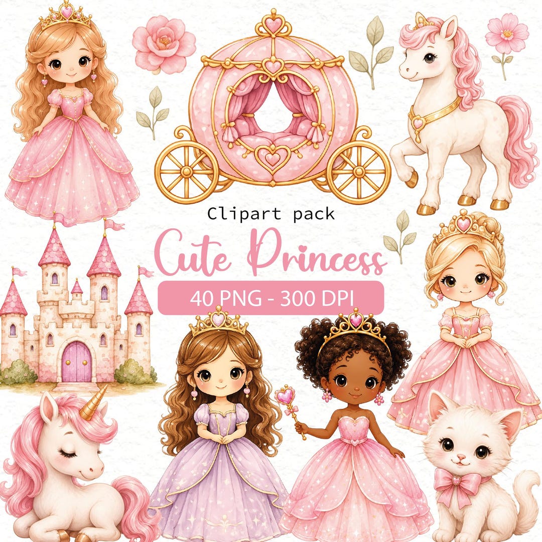 Cute Princess Clipart Bundle PNG | Watercolor Princesses, Castle ...