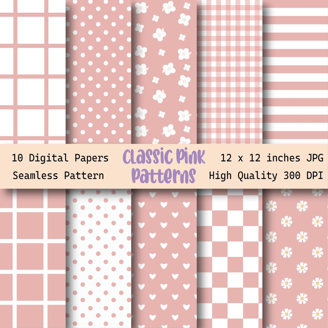 Pink Digital Paper Set, Blush Seamless Patterns, Watercolor Backgrounds ...