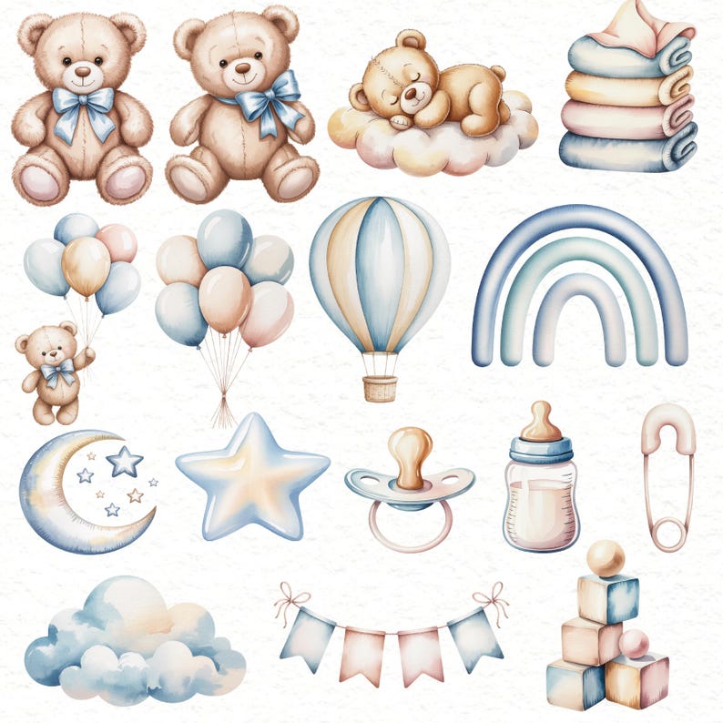 Baby Shower Boy Clipart Set | Blue Watercolor Baby Clip Art | Newborn ...