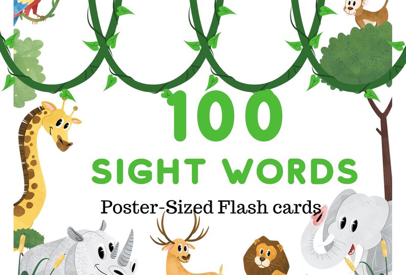 Jungle-themed 100 Sight Words Flashcards, Printable Poster-sized-ppt ...