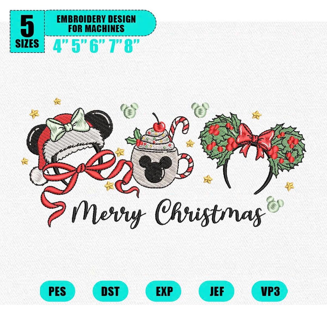 Christmas Mouse Embroidery Design: Santa Hat, Tree, Mouse Ears, 5 Sizes ...