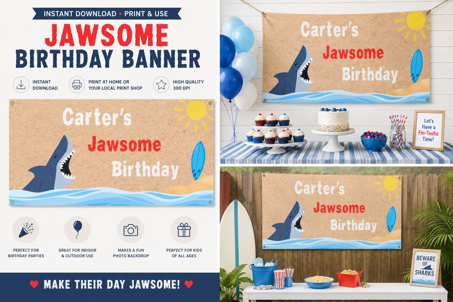 Personalized Shark Birthday Banner | Jawsome Party Backdrop (digital ...