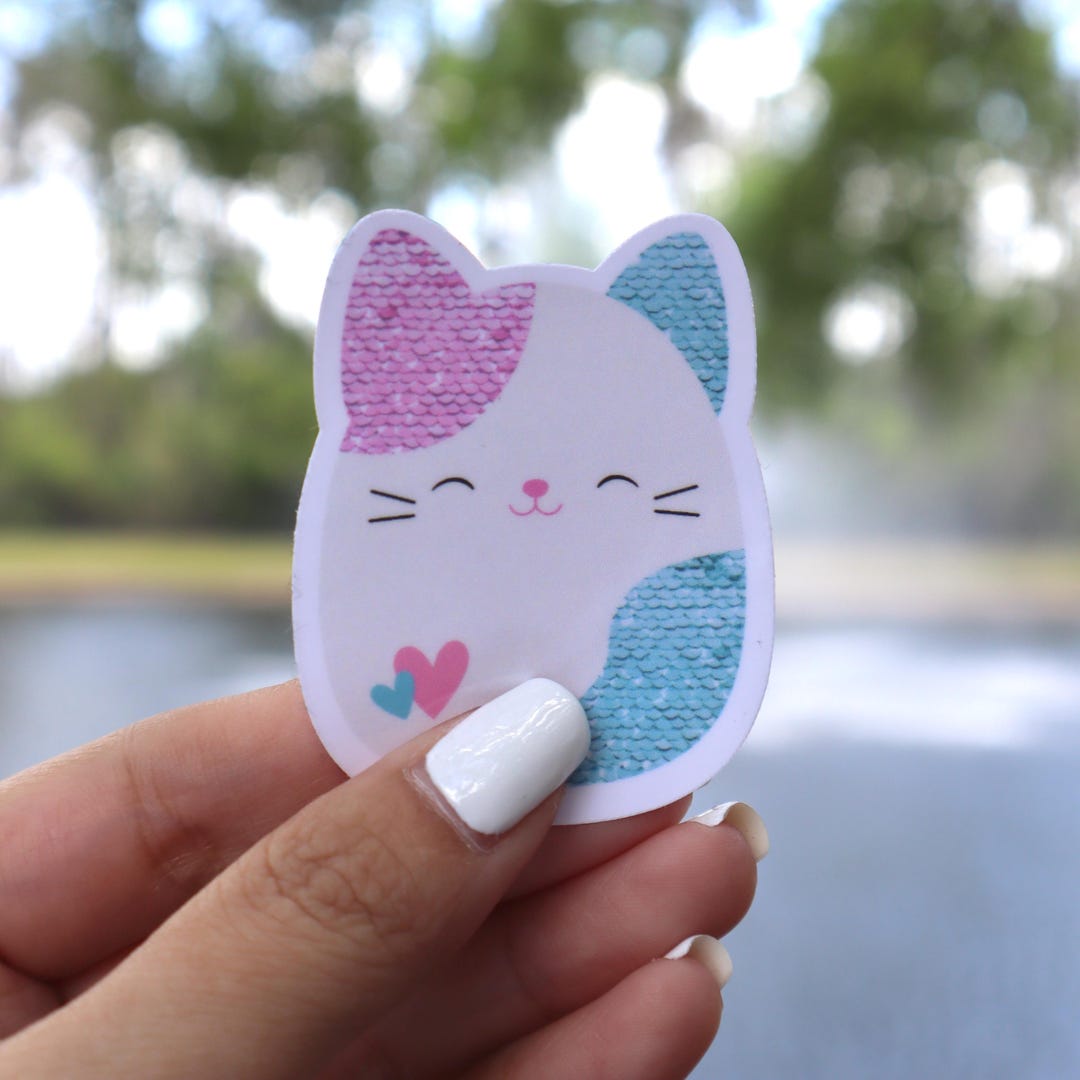 Shany | Squishmallow Sticker | Teal and Sequin Cat Sticker | Waterproof ...