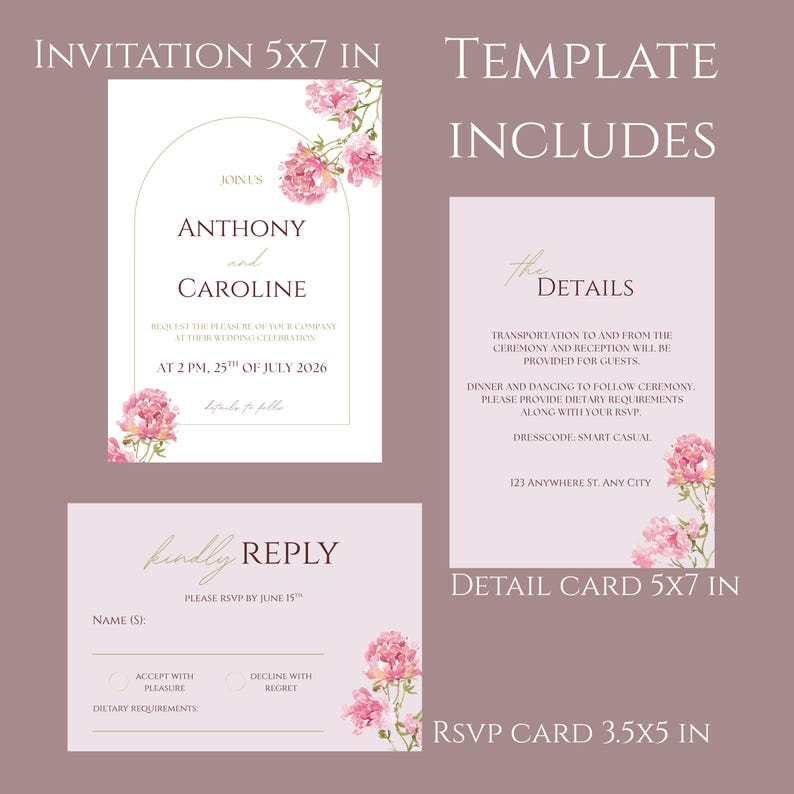 Pink Peony Floral Wedding Invitation Suite, Romantic Elegant Canva ...