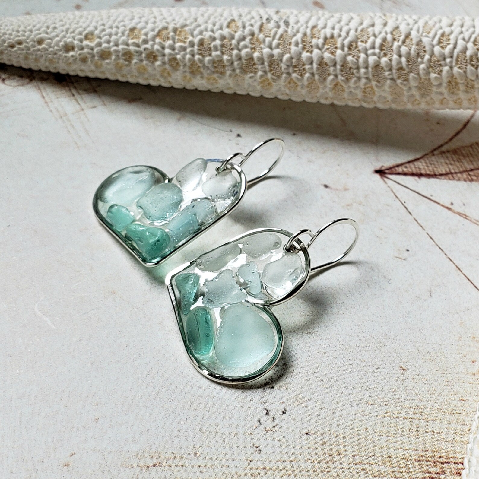 Beach Glass Heart Earrings, Aqua Sea Glass Hearts, Small Resin Heart ...