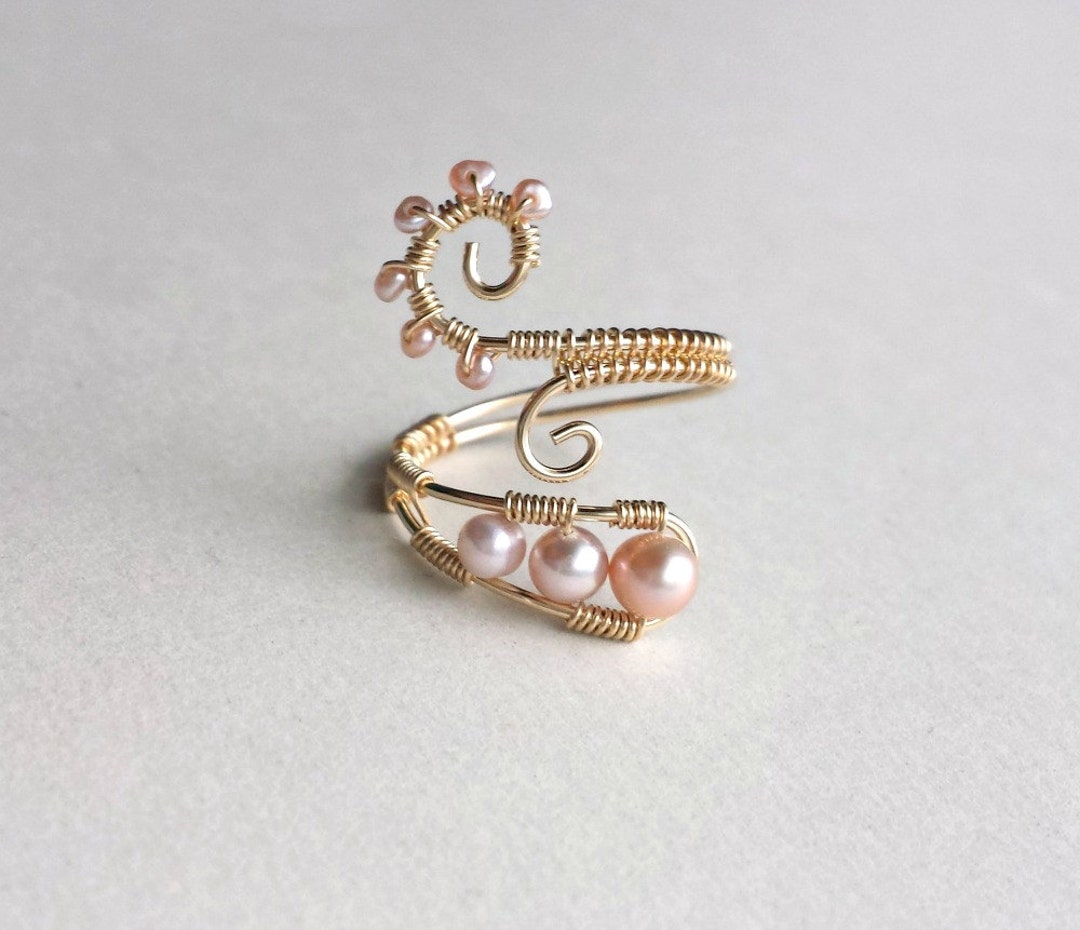 Pink Pearl Wire Ring, Pink Gold Spiral Ring, Wire Wrapped Freshwater ...