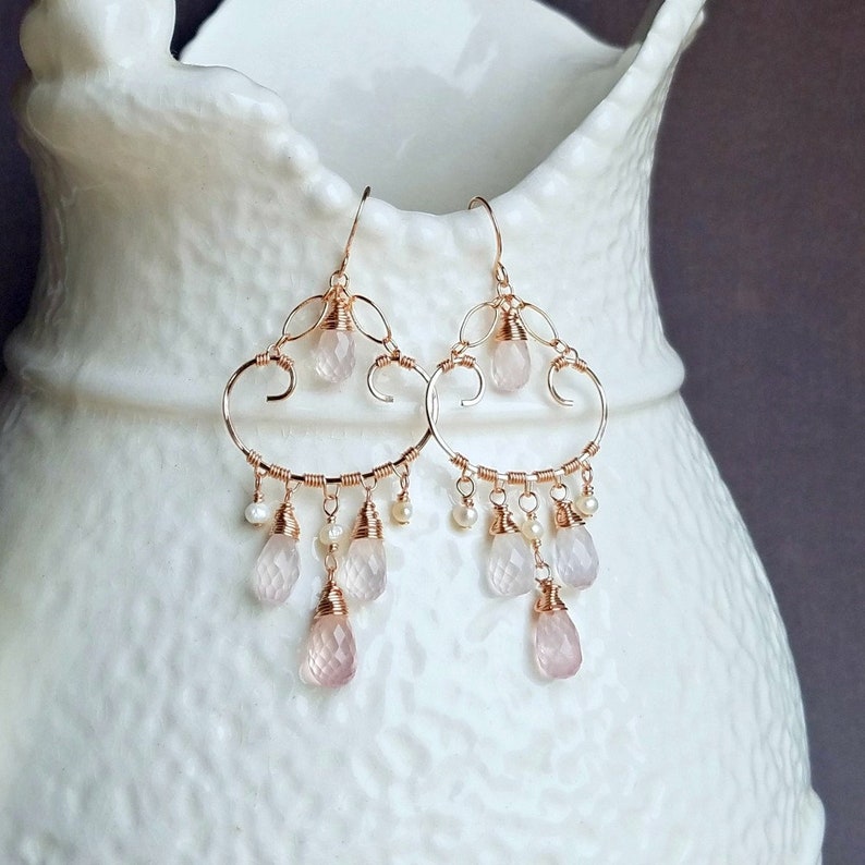 Rose Quartz Chandelier Earrings Pink Quartz Earrings Pale - Etsy