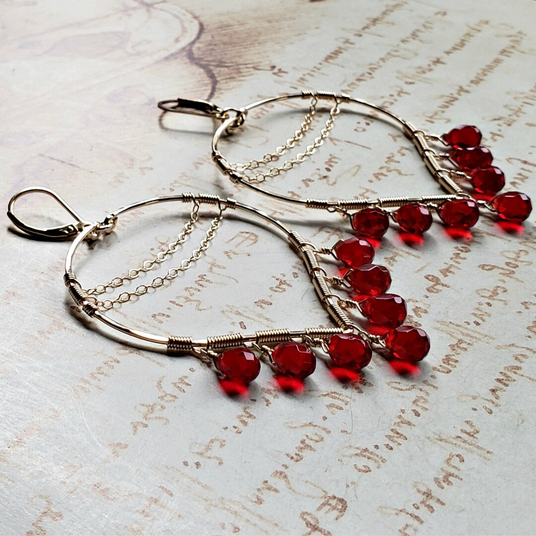 Red Drop Chandelier Earrings, Red Lotus Hoop Earings, Red Chandelier ...