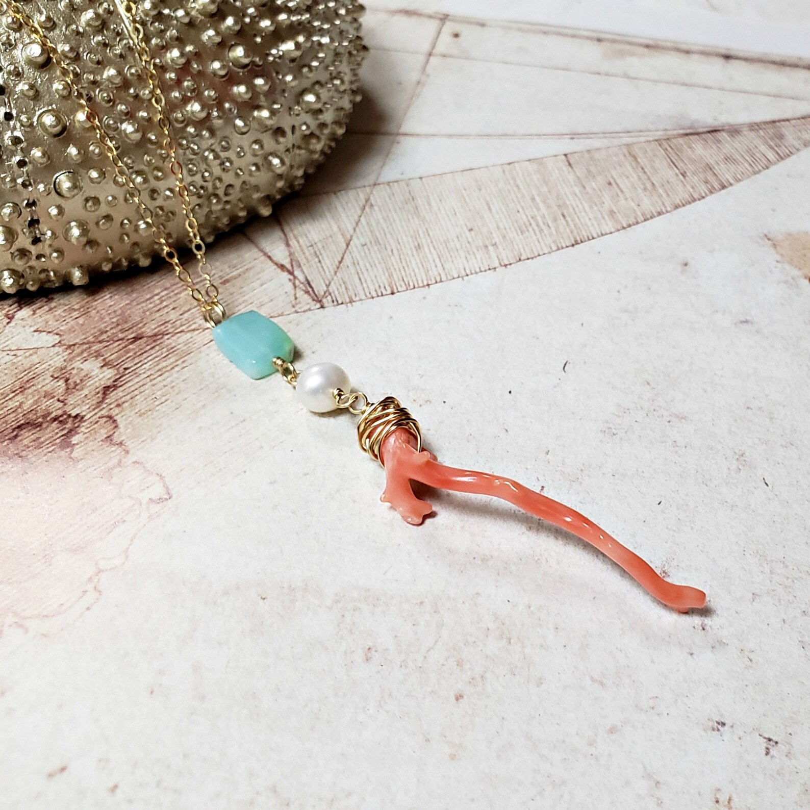 Coral Branch Necklace, Blue Peruvian Opal Necklace, Pearl Opal Pendant ...