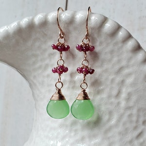 Ruby Green Earrings, Pink Green Cluster Earrings, Dark Ruby Cluster Dangle - Etsy