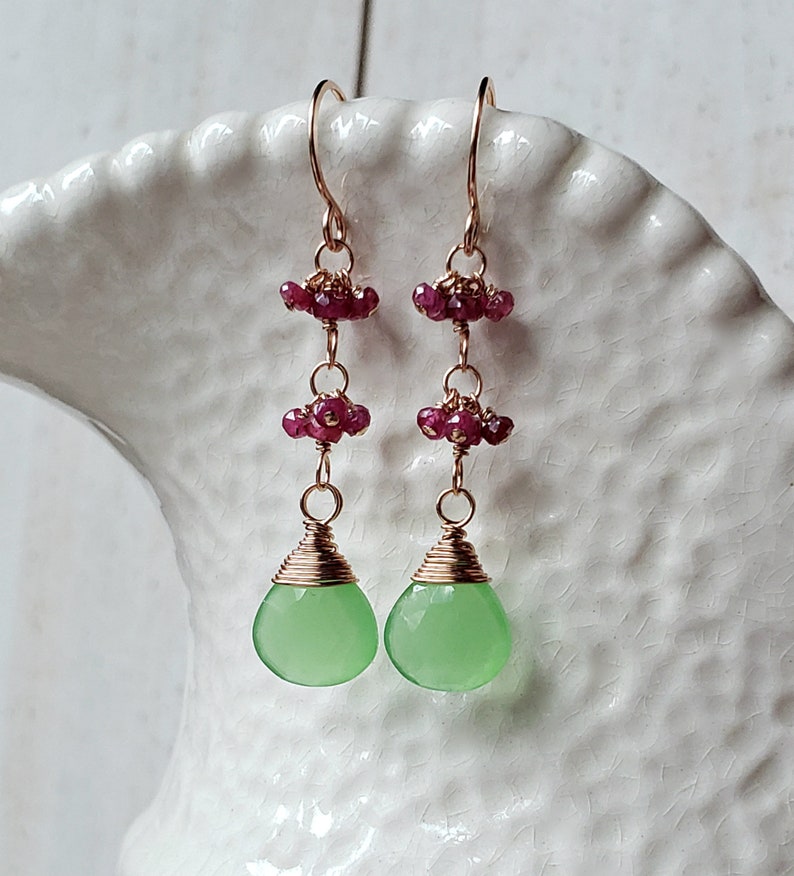Ruby Green Earrings Pink Green Cluster Earrings Dark Ruby - Etsy