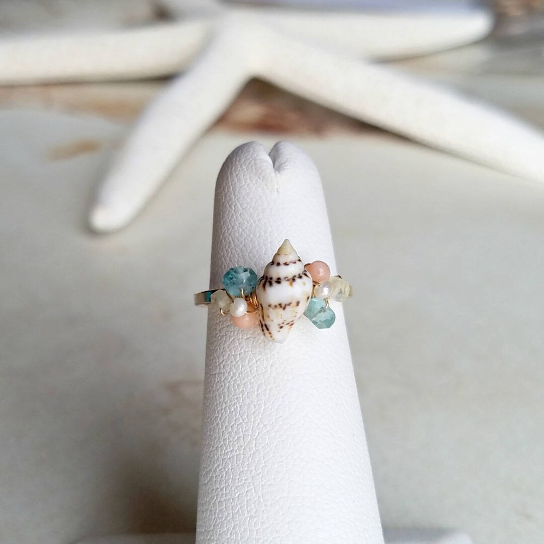 Pink Mint Gemstone Ring, Wire Wrapped Shell Ring, Adjustable Seashell ...