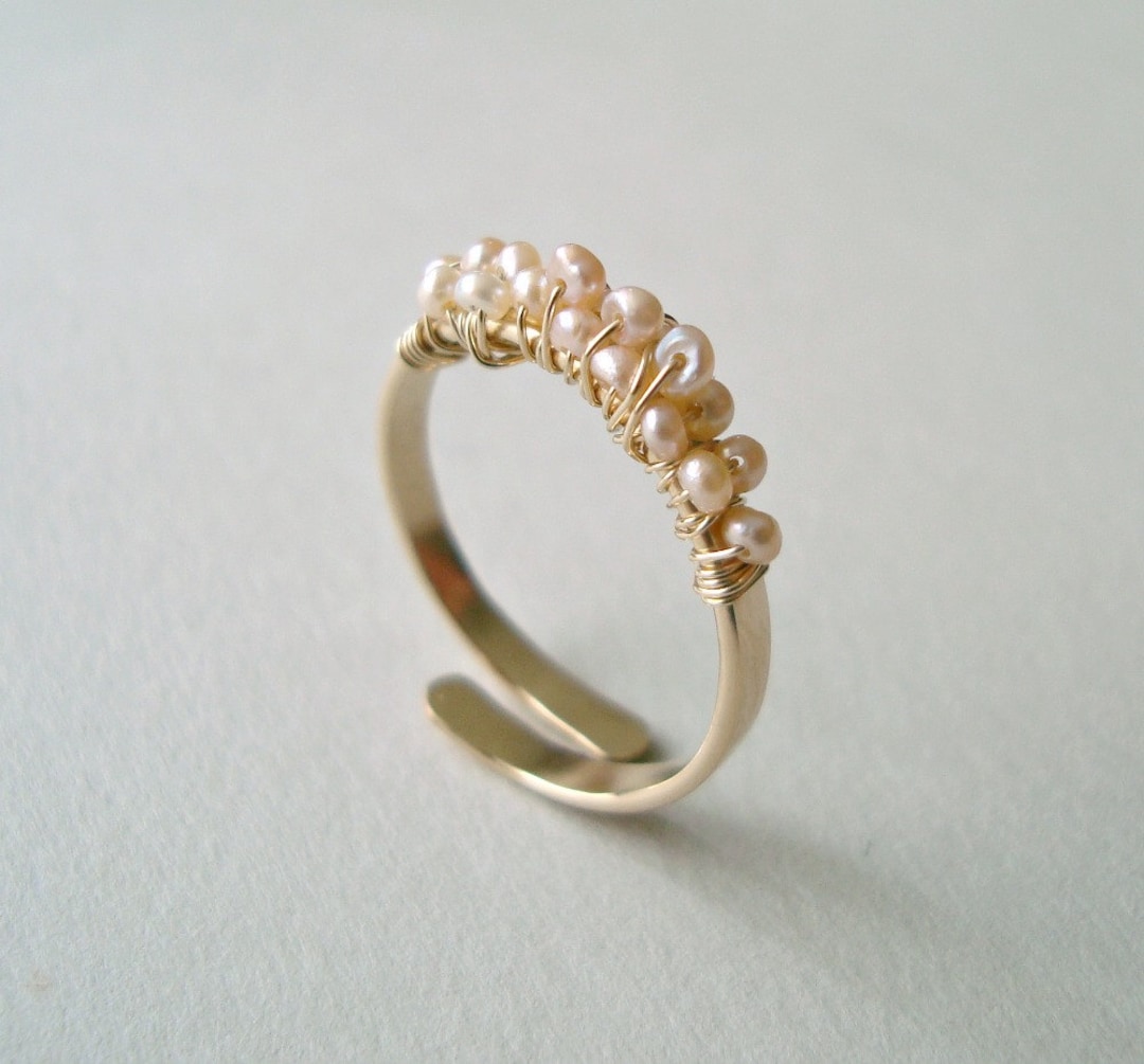 Tiny Pink Pearl Ring, Adjustable Pearl Wire Ring, Wire Wrapped Pearl Ring, Stacking Pearl Ring ...