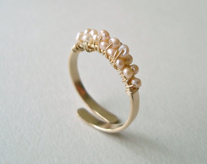 Tiny Pink Pearl Ring, Adjustable Pearl Wire Ring, Wire Wrapped Pearl ...