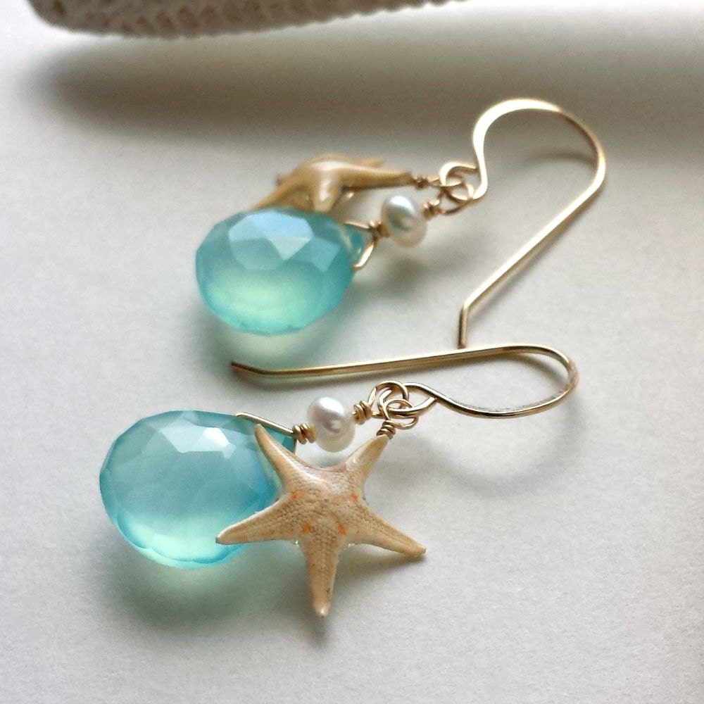 Tiny Starfish Drop Earrings Aqua Beach Dangle Earrings Real | Etsy