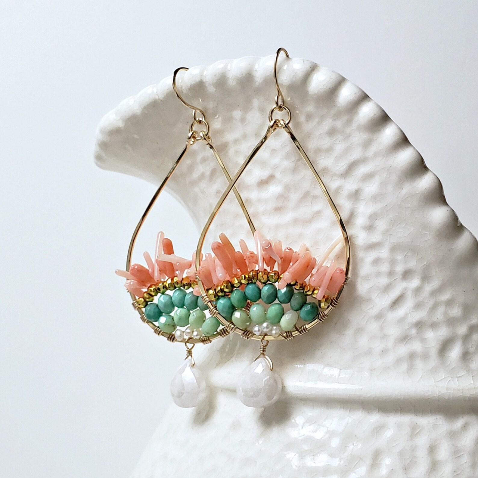 Pink Mint Earrings, Chrysoprase Hoop Earrings, Silverite Dangle, Peach ...
