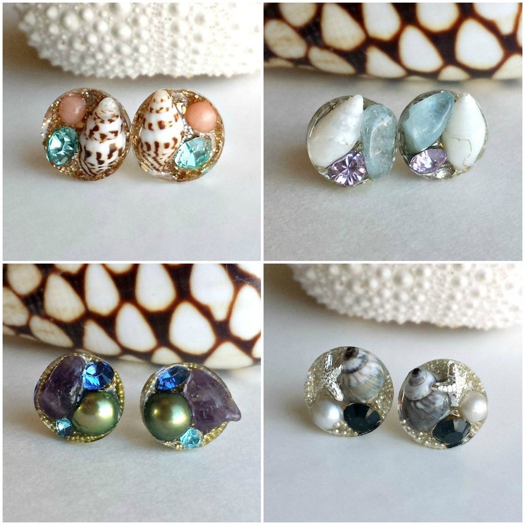 Tiny Shell Stud Earrings, Glitter Resin Studs, Hawaiian Shell Earrings ...