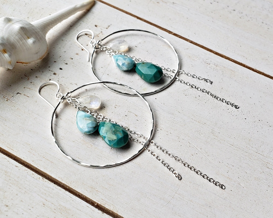 Turquoise Larimar Hoop Earrings, Turquoise Moonstone Cluster, Larimar ...
