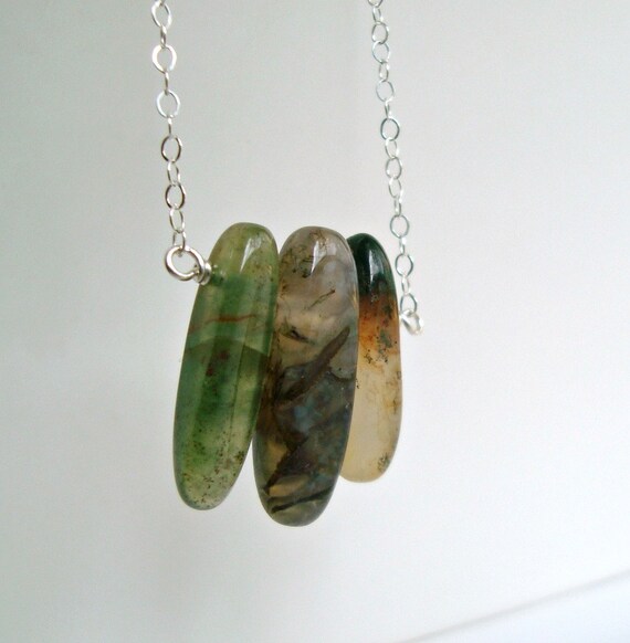 Moss Agate Necklace Indian Agate Stick Necklace Green Agate Pendant Mocha Stone Trio Etsy UK