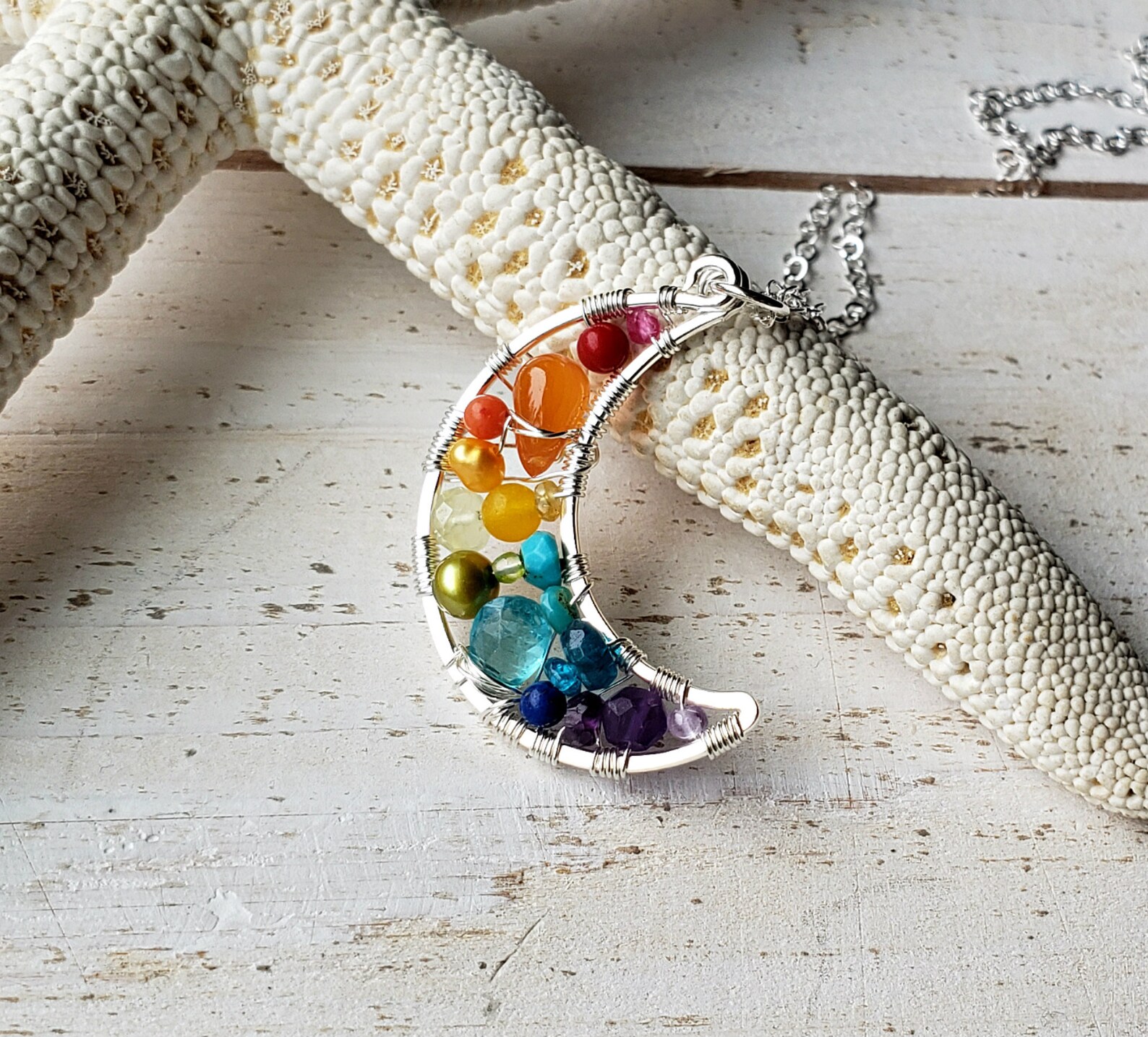 Woven Rainbow Necklace, Rainbow Moon Pendant, Rainbow Crescent Moon ...