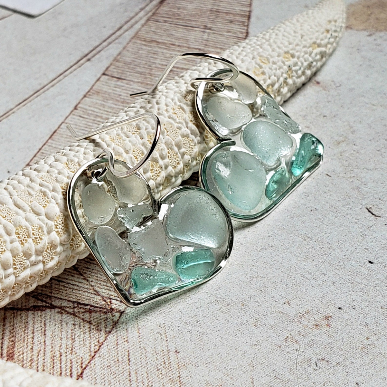 Beach Glass Heart Earrings, Aqua Sea Glass Hearts, Small Resin Heart ...