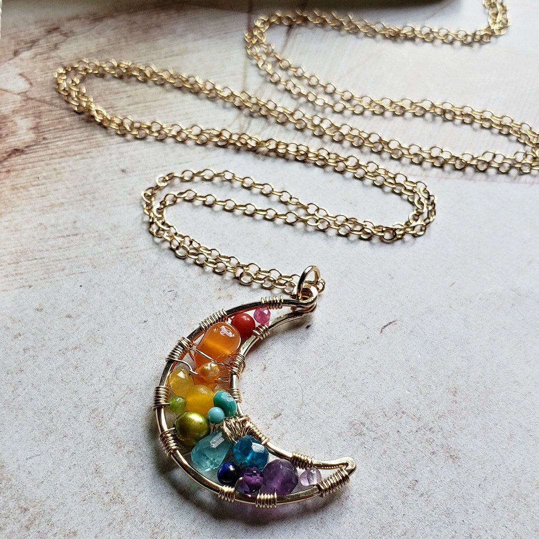 Woven Rainbow Necklace, Rainbow Moon Pendant, Rainbow Crescent Moon ...