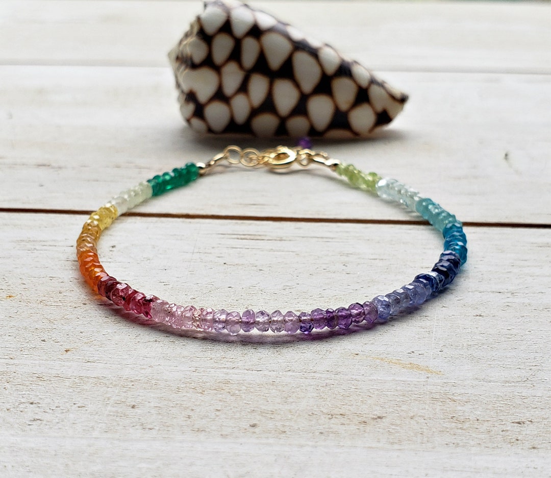Mixed Gemstone Rainbow Bracelet, Delicate Gem Anklet, Dainty Rainbow ...
