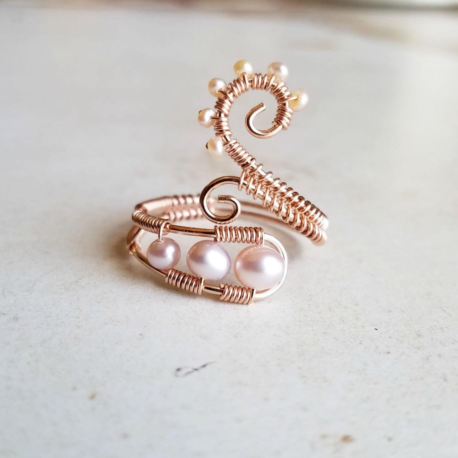 Pink Pearl Wire Ring Pink Gold Spiral Ring Wire Wrapped | Etsy