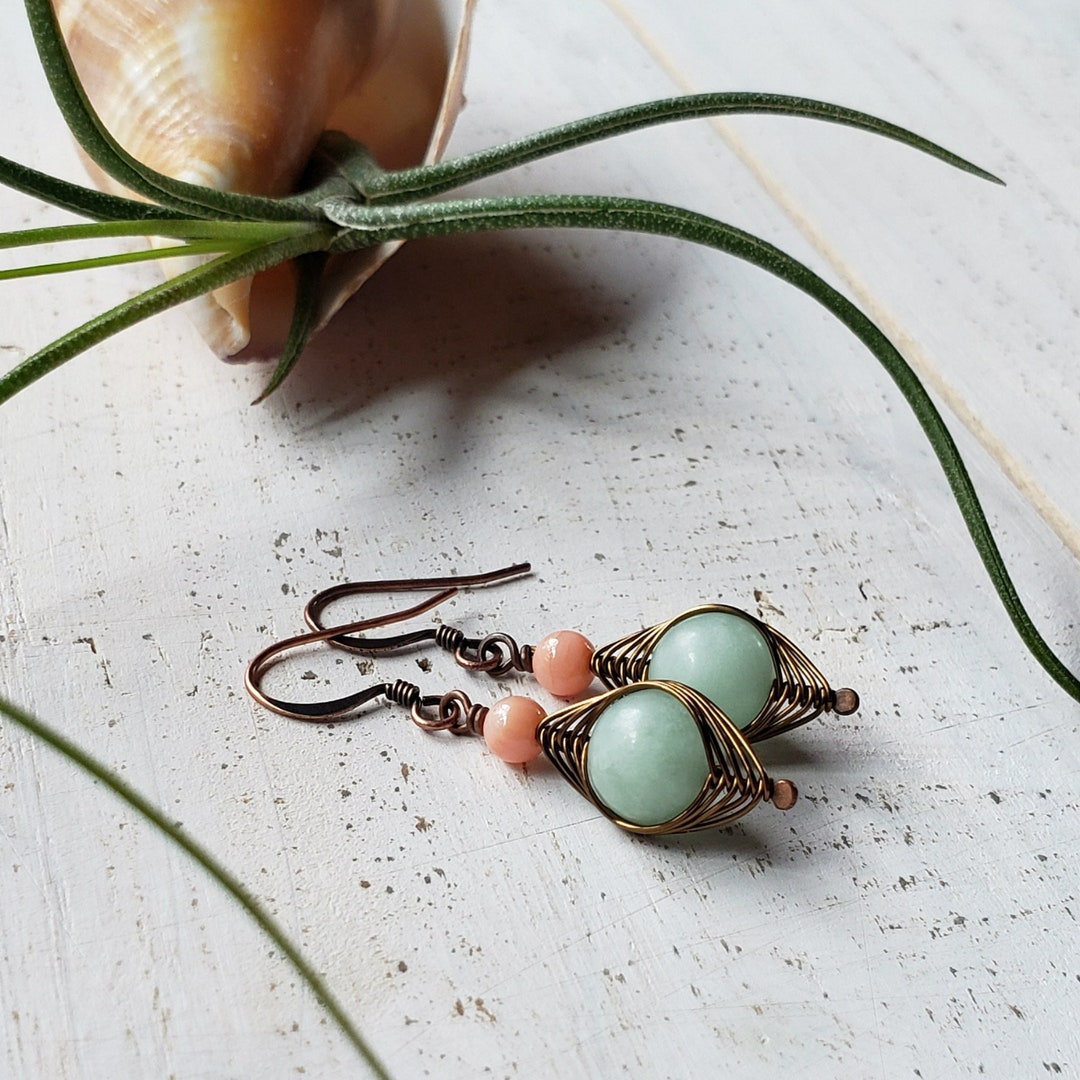Mint Coral Earrings, Herringbone Wire Wrapped Earrings, Copper ...