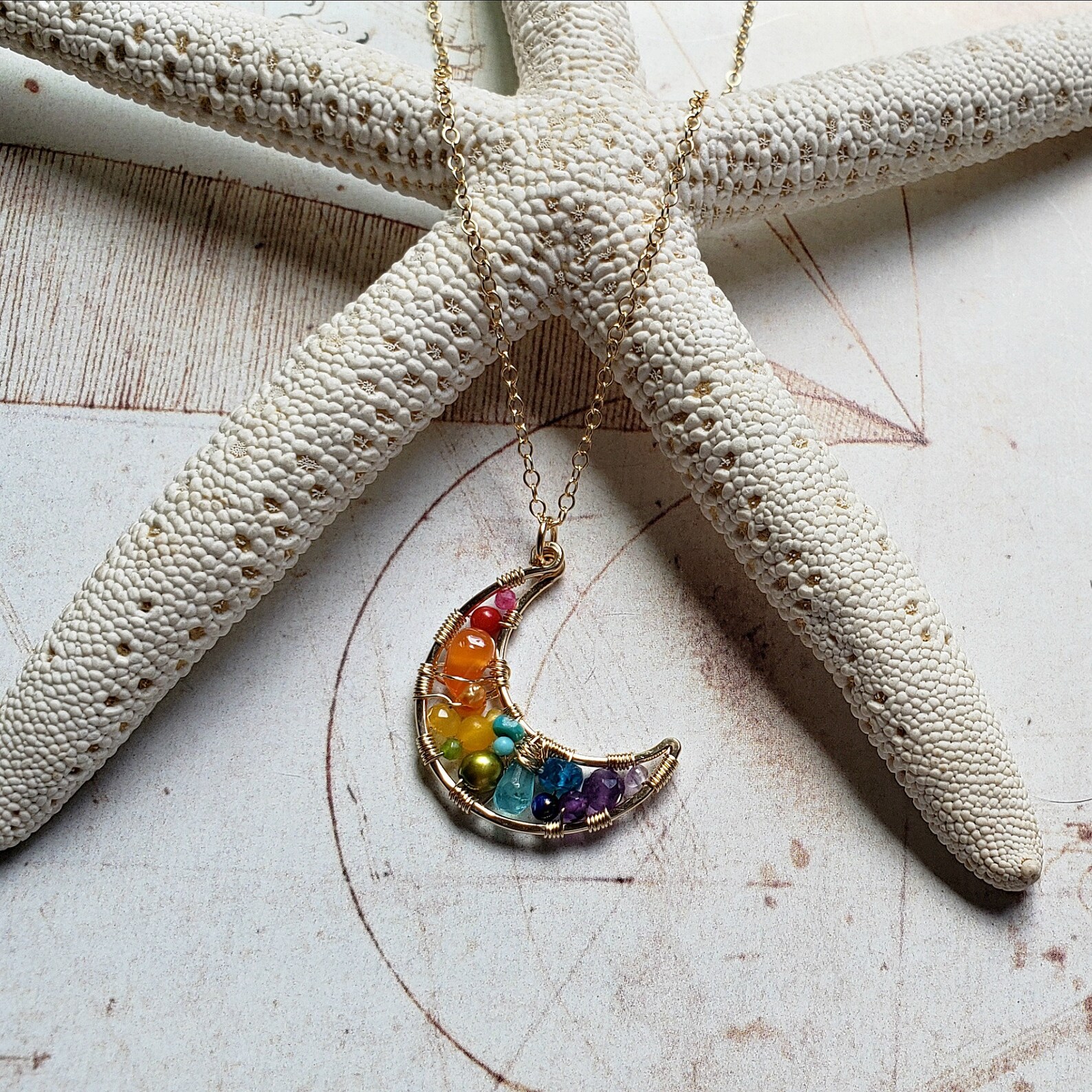 Woven Rainbow Necklace, Rainbow Moon Pendant, Rainbow Crescent Moon ...