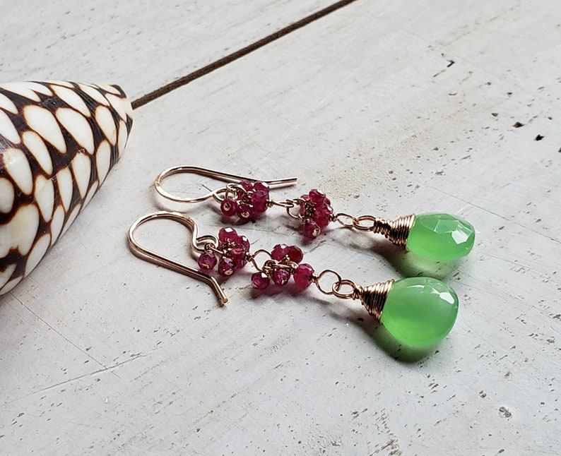 Ruby Green Earrings Pink Green Cluster Earrings Dark Ruby - Etsy