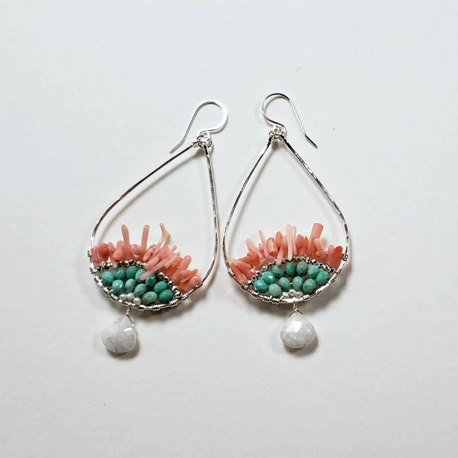 Pink Mint Earrings, Chrysoprase Hoop Earrings, Silverite Dangle, Peach ...