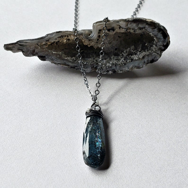 Blue Kyanite Necklace, Long Blue Gemstone Pendant, Oxidized Kyanite ...