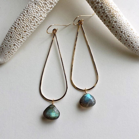Long Labradorite Hoops Labradorite Dangle Earrings Long Teardrop Hoops Etsy