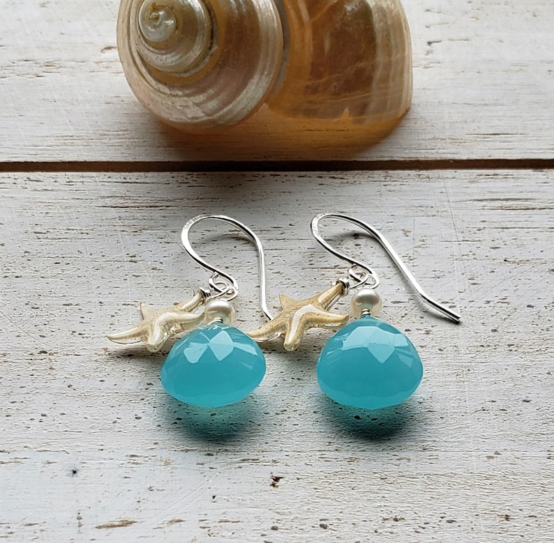 Tiny Starfish Drop Earrings Aqua Beach Dangle Earrings Real | Etsy