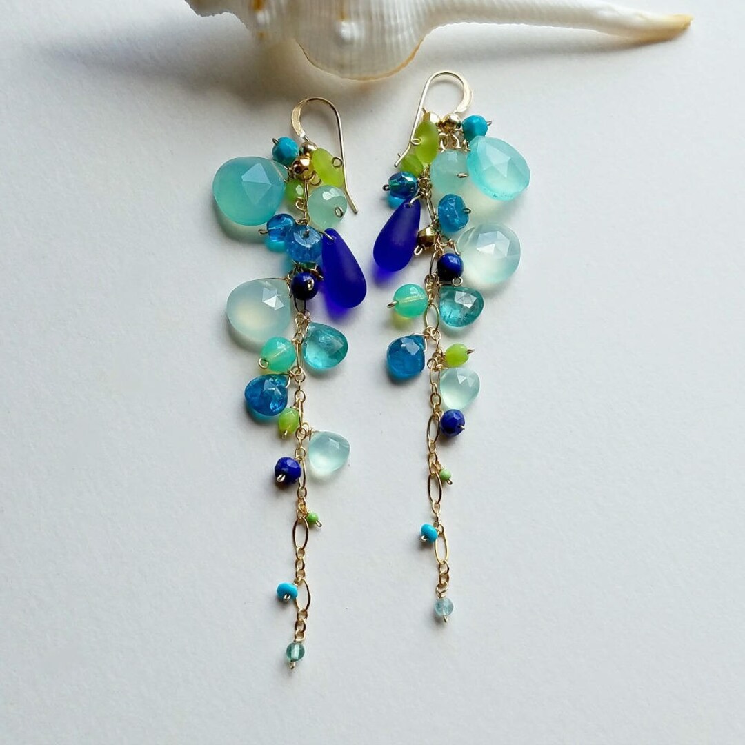 Blue Green Cluster Earrings, Long Lapis Dangle Earrings, Apatite ...